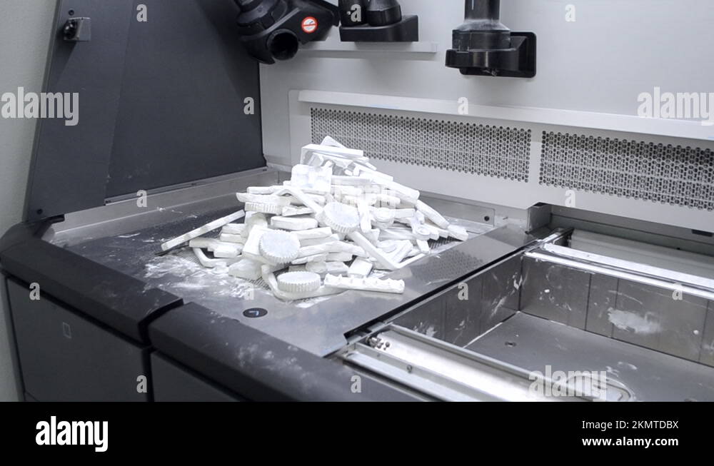 Objects and models printed on industrial 3D printer from white plastic ...