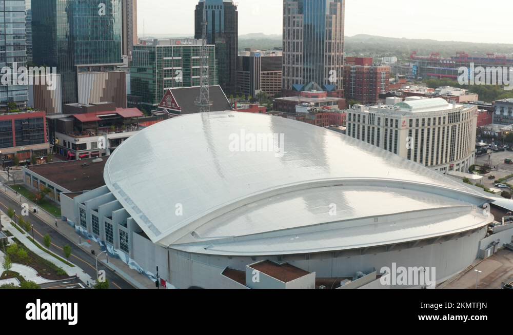 Bridgestone Arena, AT and T building, Nissan Stadium. Broadway. Aerial ...