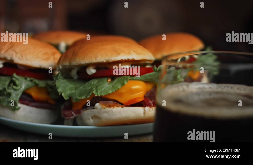 Taste Classic American burger. 5 super burgers with Coca Cola. 4k video ...