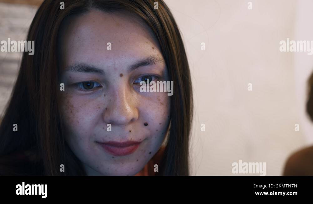 Close Up Face Of A Beautiful Asian Woman The Woman Has Many Moles And Freckles Stock Video