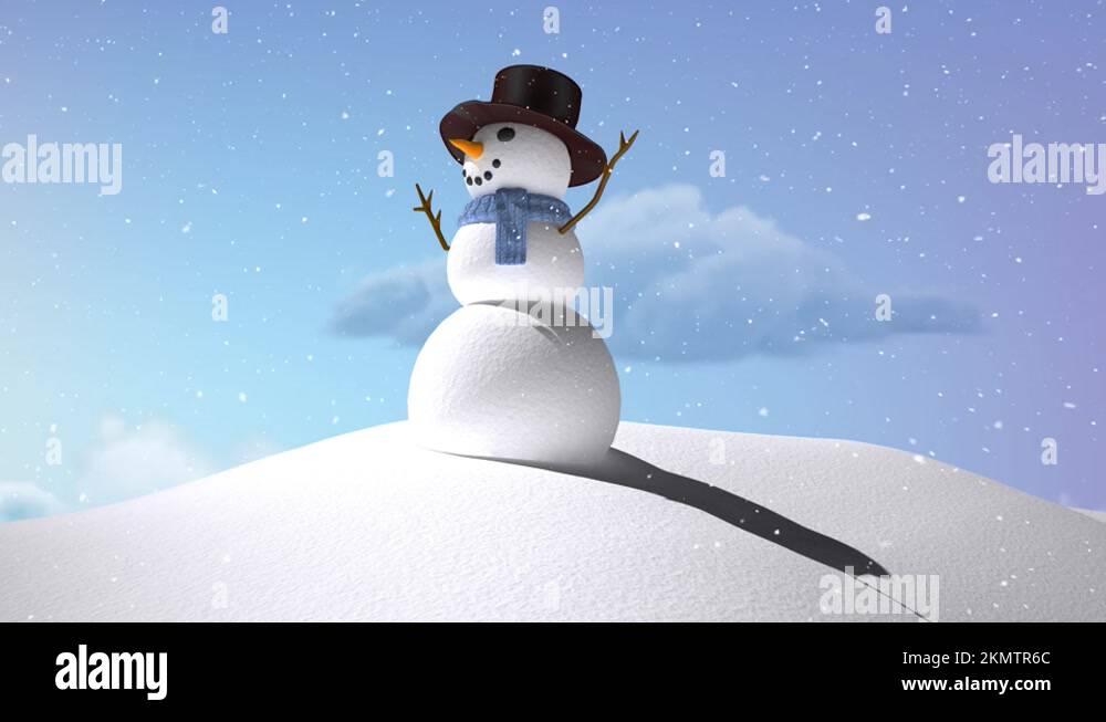 Snow falling over snowman on winter landscape against clouds in the ...