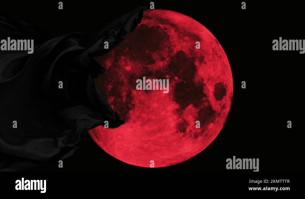 Evil red full moon aka blood moon behind grimy black cloth fly away ...
