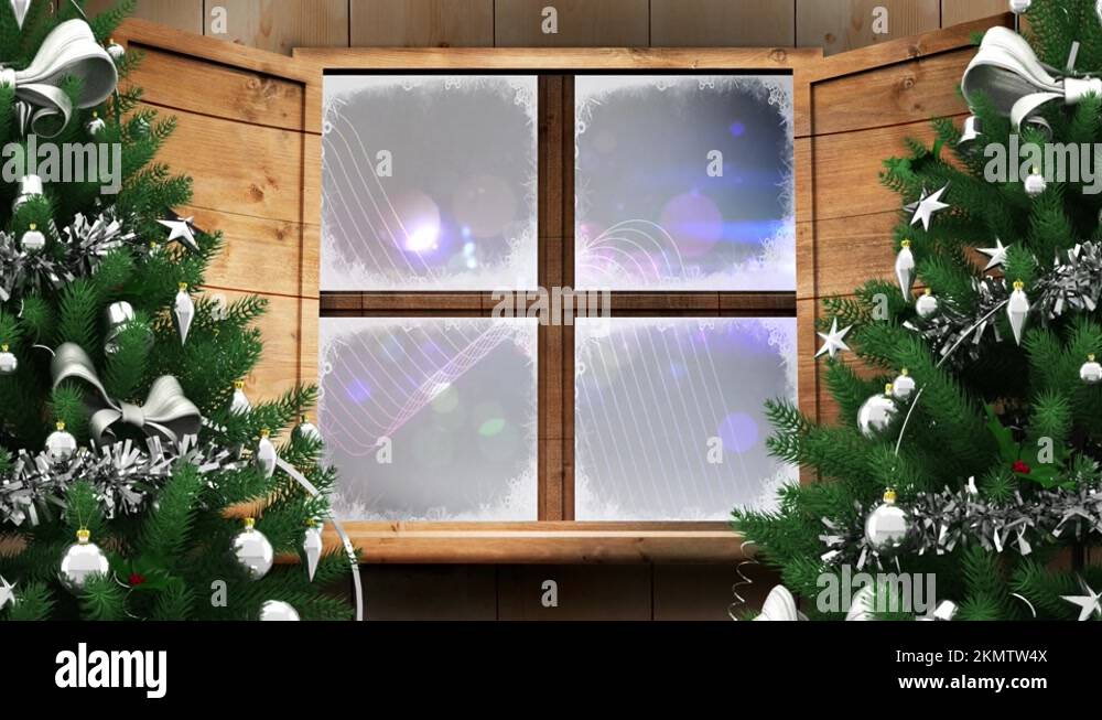 Two christmas trees and wooden window frame over digital wave and spots ...