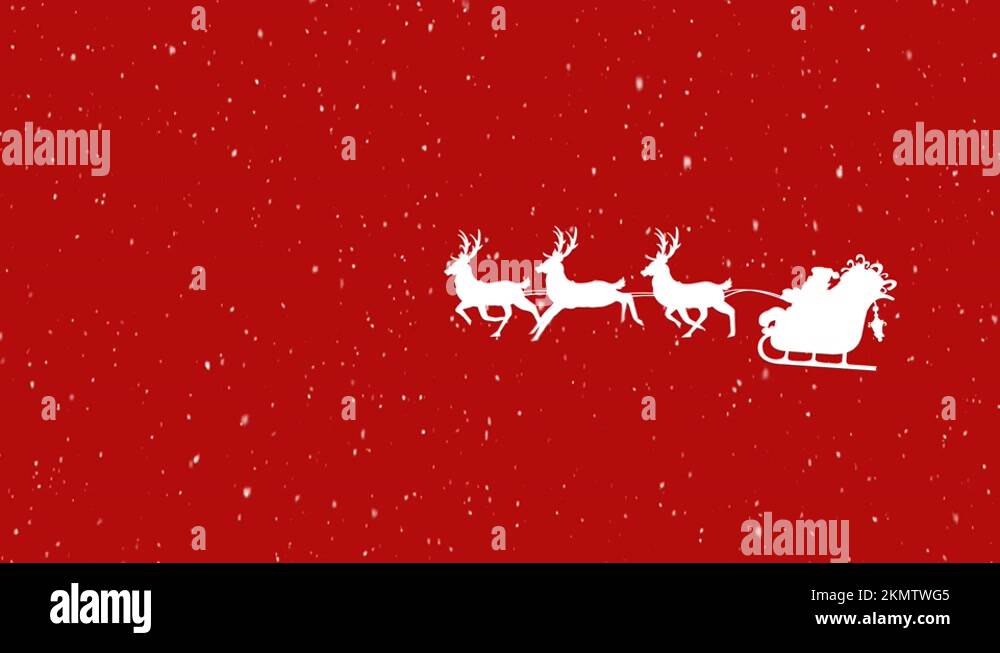 Snow falling over santa claus in sleigh being pulled by reindeers ...