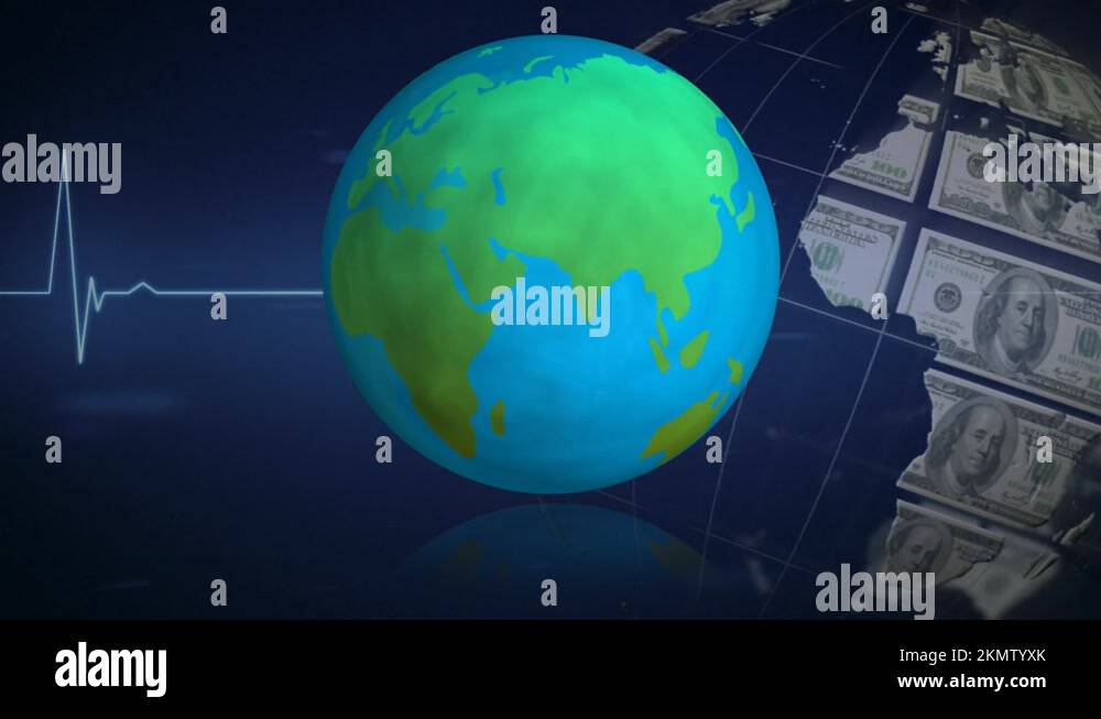 Animation of globe formed with american dollar banknotes and heart rate ...