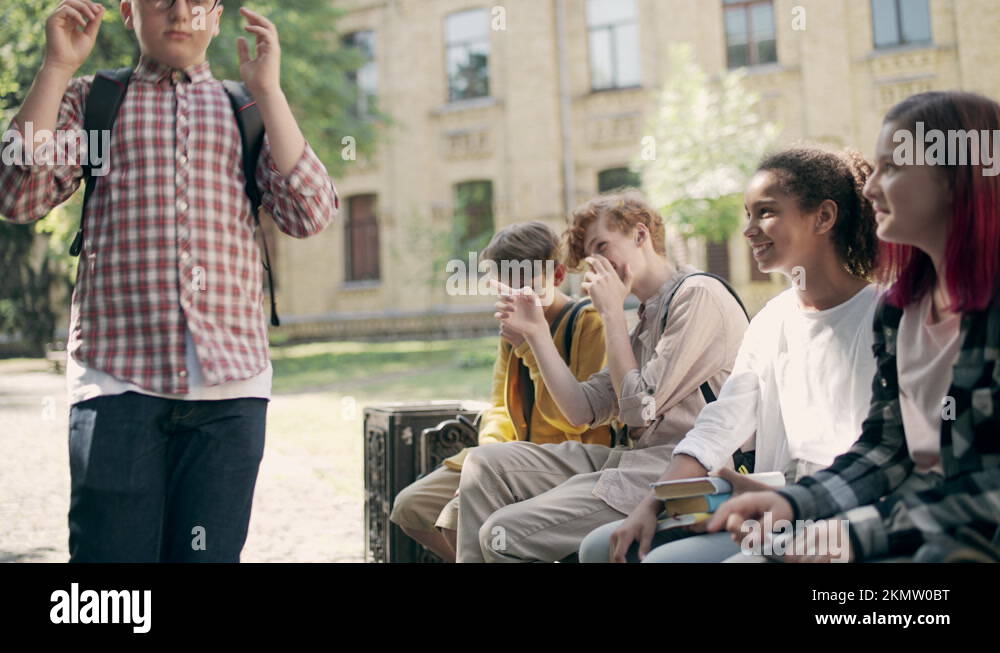 School kids laughing at insecure plump classmate in eyeglasses, weight ...