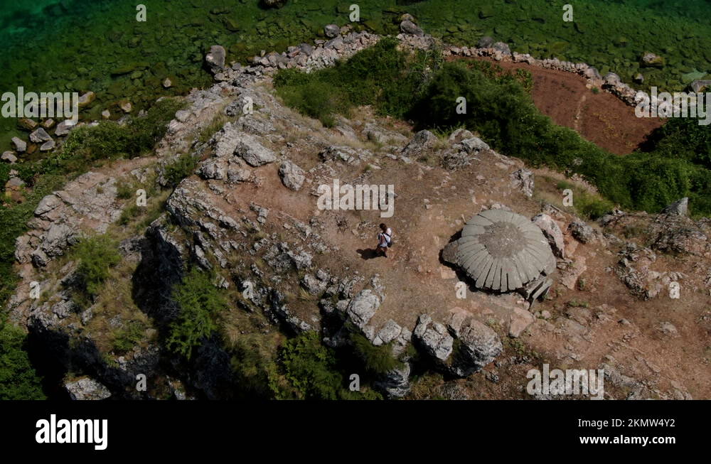 Cold war concrete communist bunker at Lin Village; Lake Ohrid, Albania ...