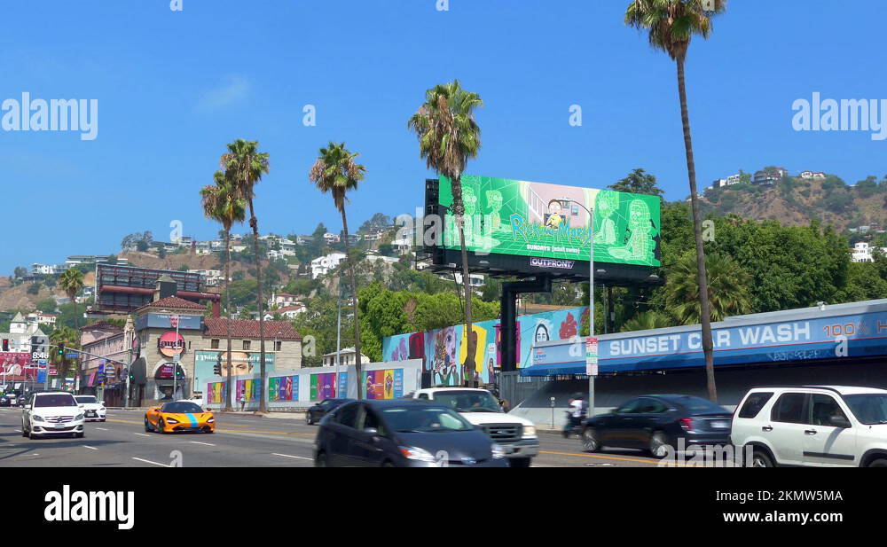 Luxury cars traffic on Sunset Strip on Sunset Boulevard in Los Angeles ...