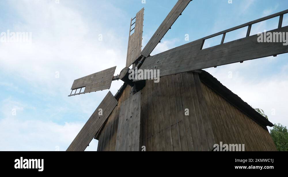 Medieval Vintage Old Wooden Windmill. Summer Cloudy Blue Clear Sky ...