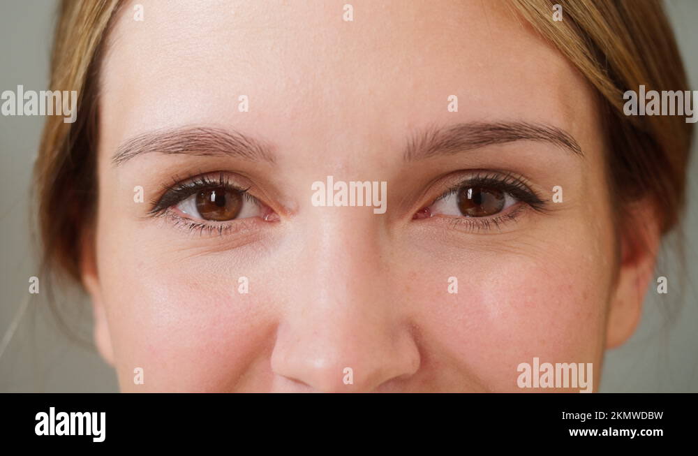 Young woman brown eyes close-up, painted eyelashes, female model with ...