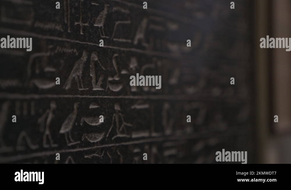 Macro close up shot of wall covered in ancient Egyptian hieroglyphics ...