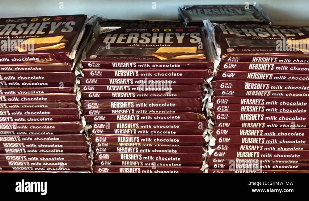 4K HD Video zooming in on stacks of Hershey brand Chocolate Bars on store shelf Stock Video ...