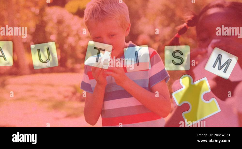 Animation of colourful puzzle pieces and autism text over kids friends ...
