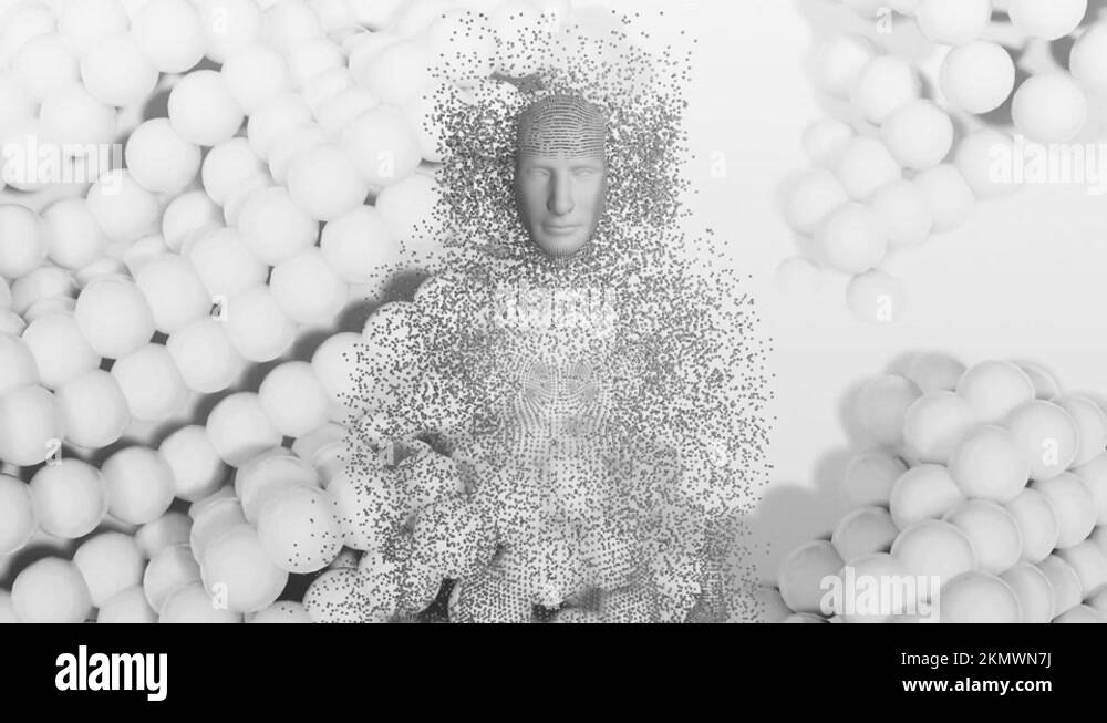 Animation of human body formed with exploding particles on 3d white ...