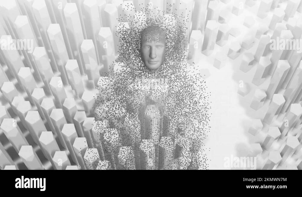 Animation of human body formed with exploding particles on 3d white ...