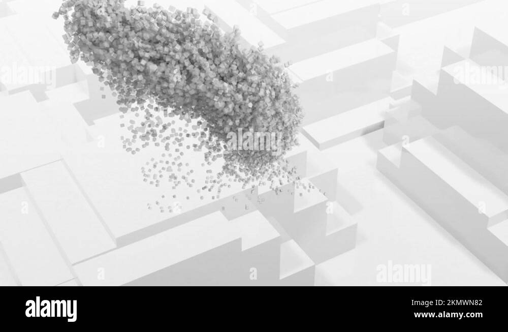 Animation of human head formed with exploding particles on 3d white ...