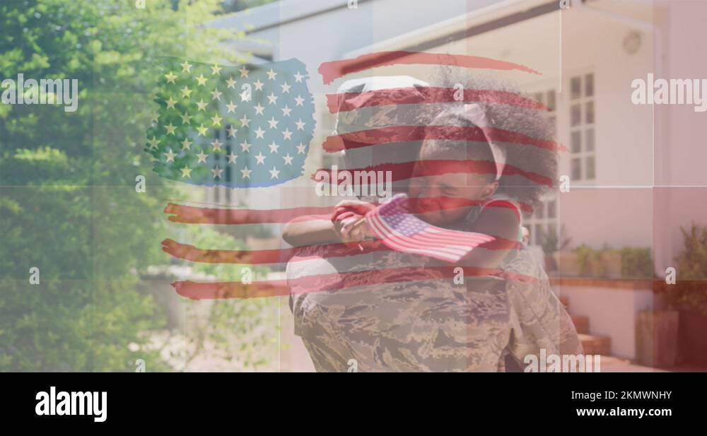Animation of flag of usa waving over crying african american soldier ...