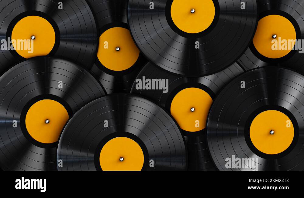 Yellow label vinyl records 3D animation rendered as looping motion ...