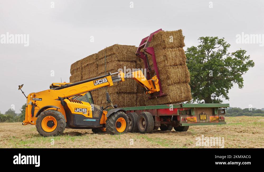 Man using a telehandler to load bales of straw onto a tractor trailer ...