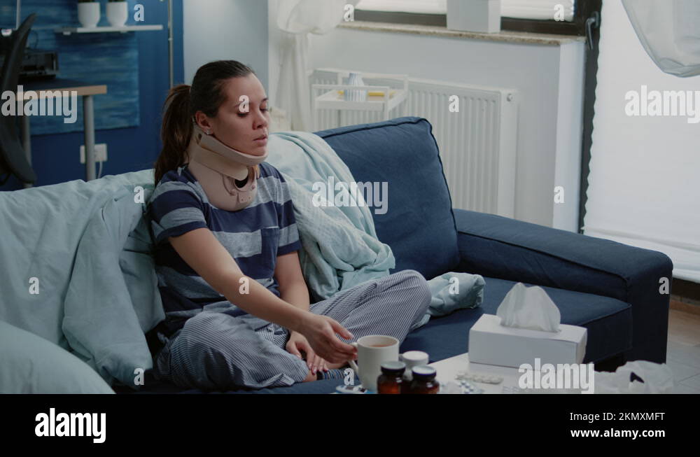 Adult with cold and flu wearing cervical neck collar Stock Video ...