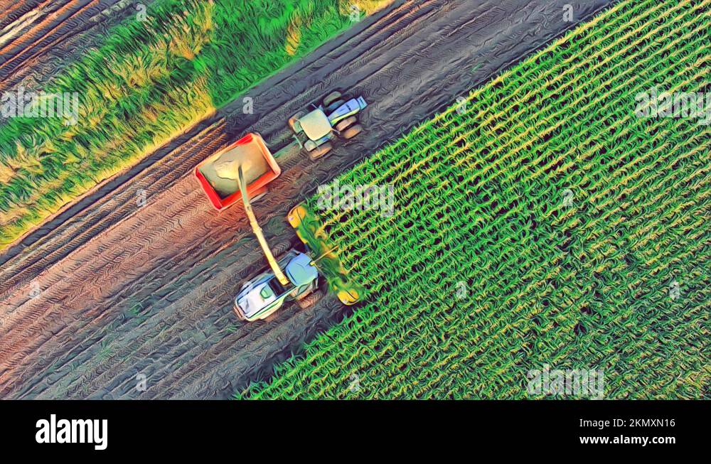 Animated Farm machines harvesting corn, mesmerizing and magical aerial ...