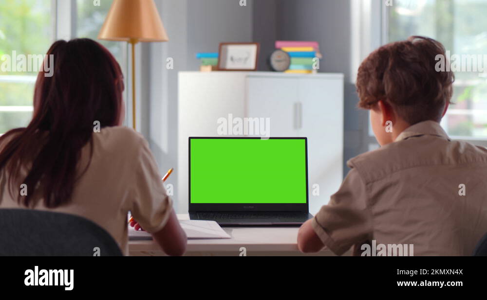 Back view of teen boy and girl sit at desk and study online. Green ...
