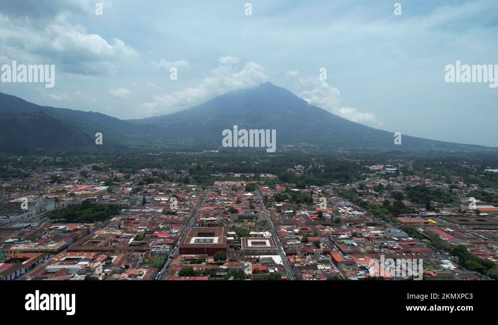 Drone footage of volcano Volcan De Agua near Antigua, Guatemala.Cloudy ...