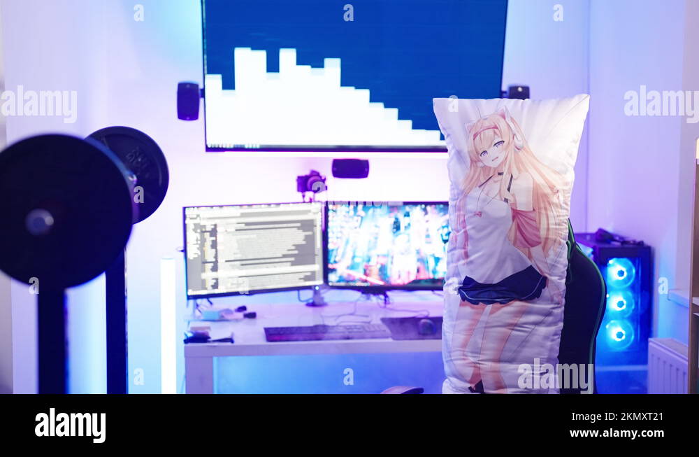 Gaming room with anime girl dakimakura hug pillow surrounded with smoke ...