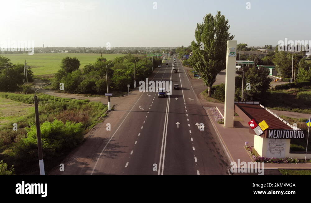 The Kharkov-Simferopol state highway, entrance to the city of Melitopol ...