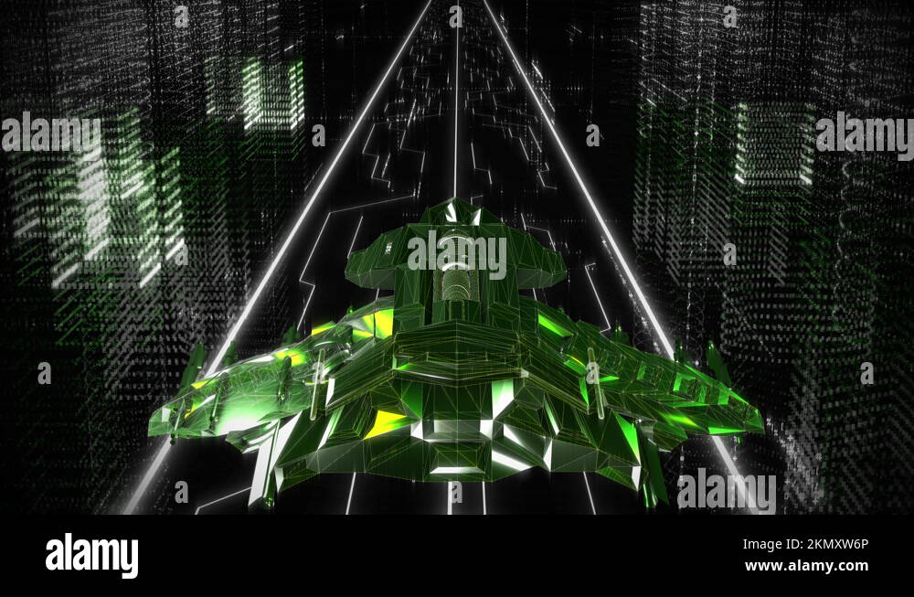 A hologram of a starship with multiple lasers flying through the ...