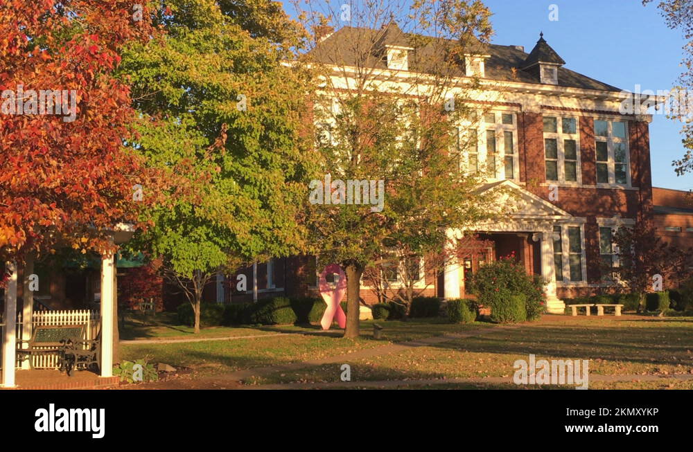 Brick courthouse in small town America, side view of entrance across ...