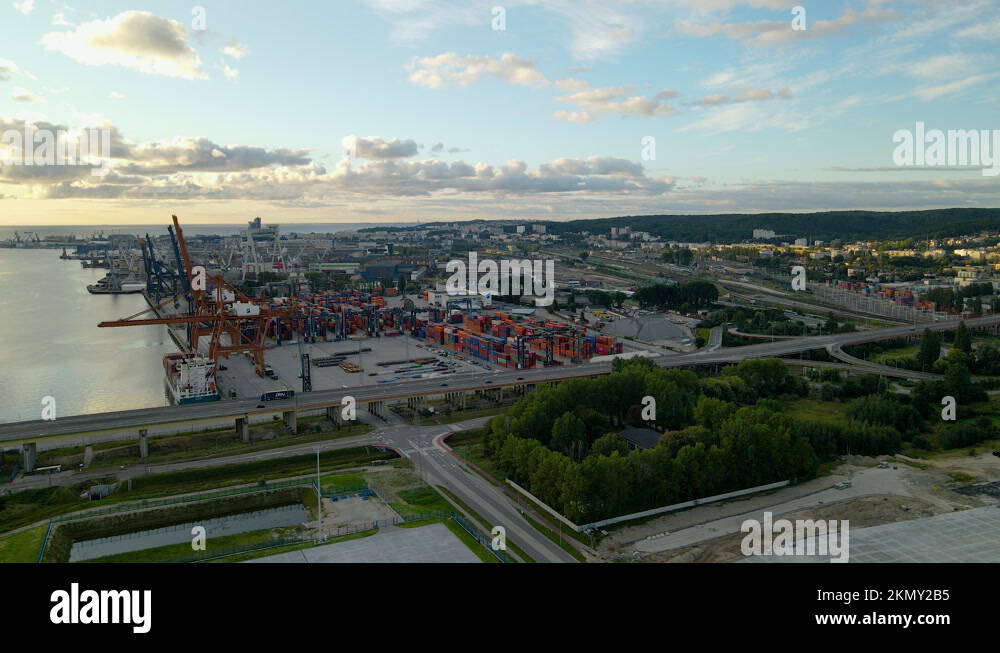 Gdynia Port Cargo Terminal. Container Ship Loading in Seaport, Aerial ...
