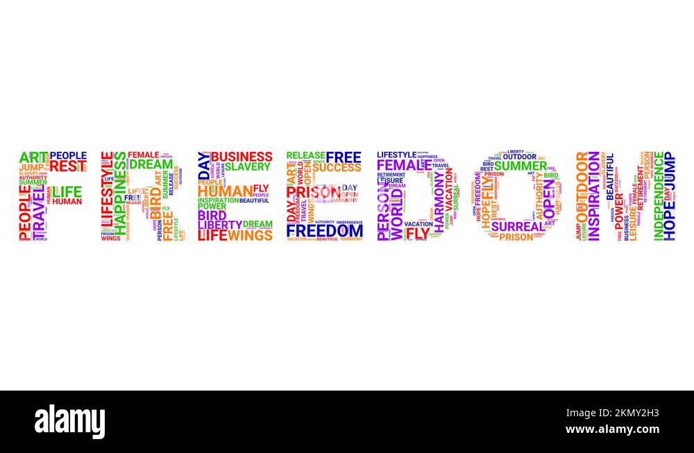 Freedom state word cloud colorful text 4K seamless loop on white ...