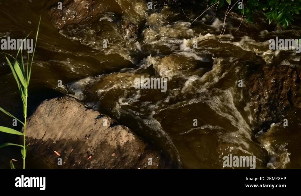Bubbling dirty water of river flowing among granite rocks while flood ...