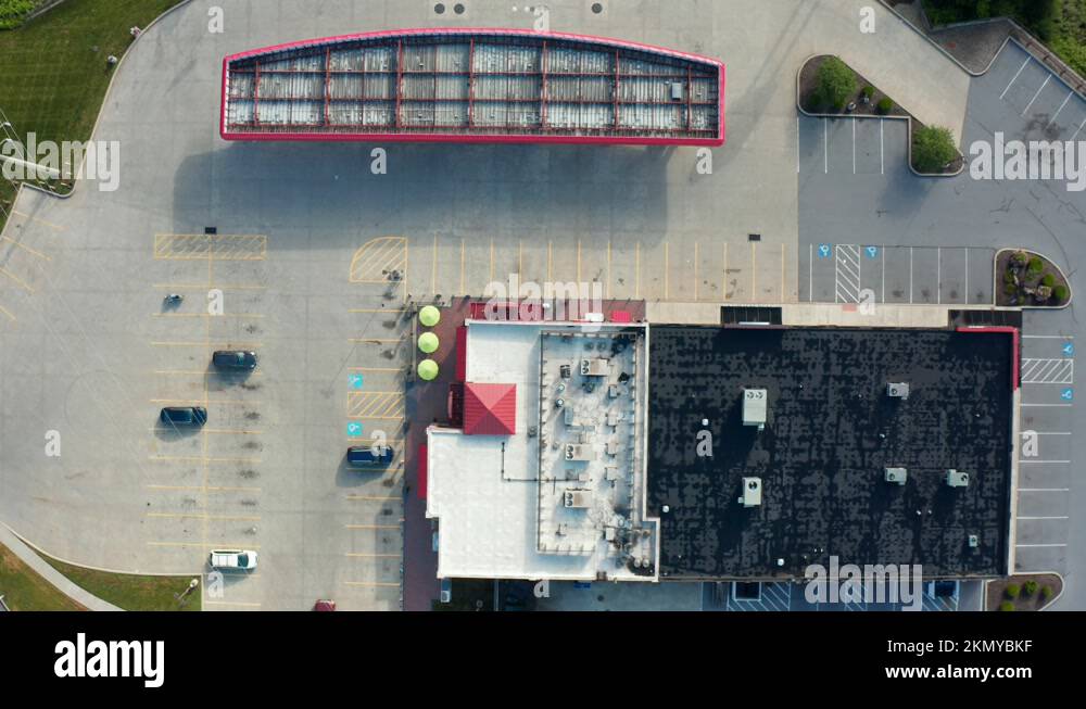 Convenience store, gas station, fuel fill up. Top down aerial view of ...
