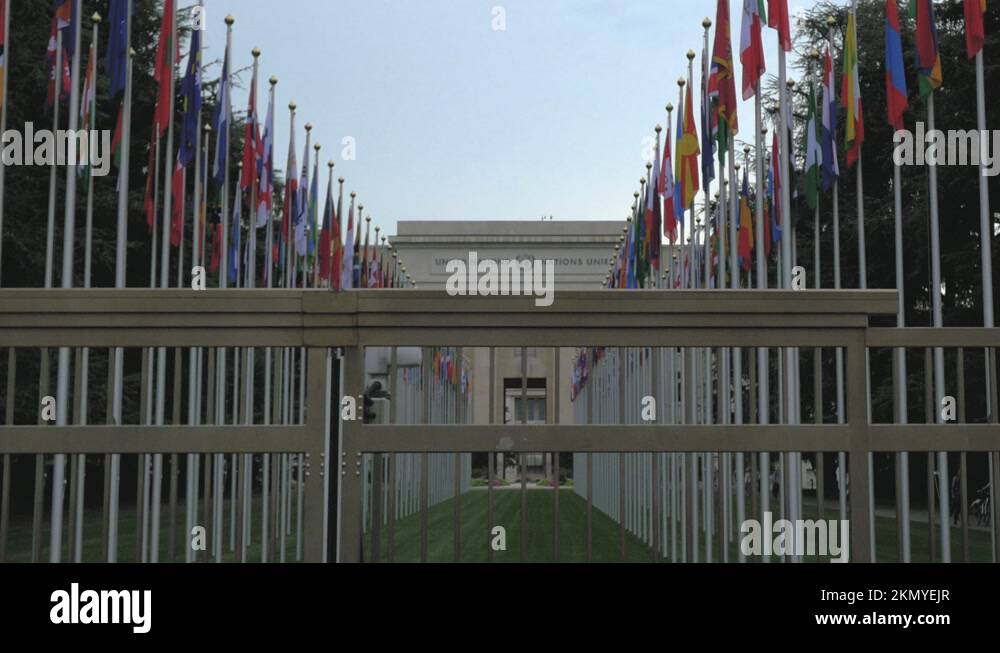 National flags at the entrance in the United Nations office behind a ...
