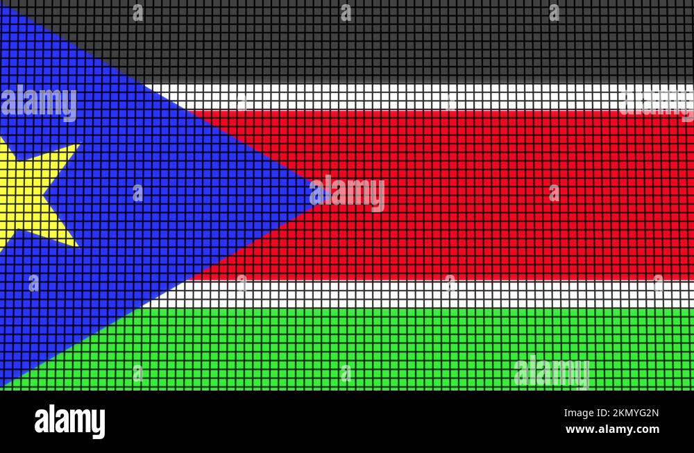 South Sudan Flag animated in pixel grid style technology background ...