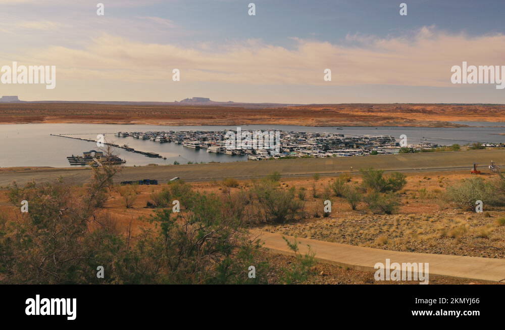 Marina at Lake Powell, Arizona, with House Boats. Low water level due ...