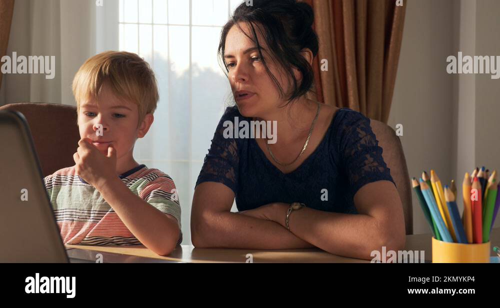 Mother Teach Child Study Online Using Laptop Computer. Boy Distance Learning 4K Stock Video ...