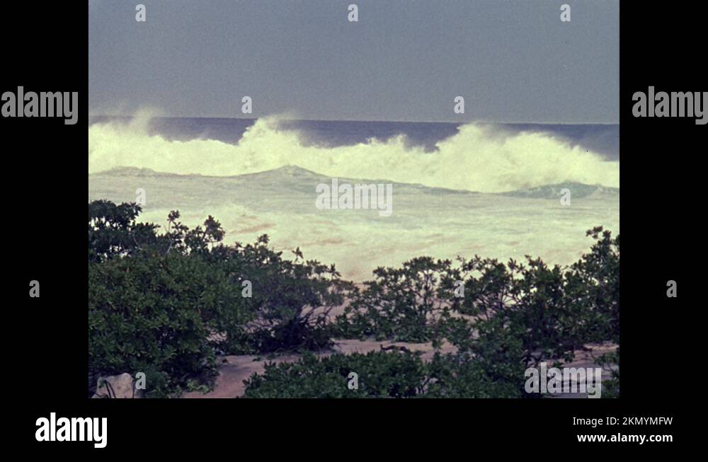Marshall Islands 1950s: A large wave crashes on a beach, overrunning ...