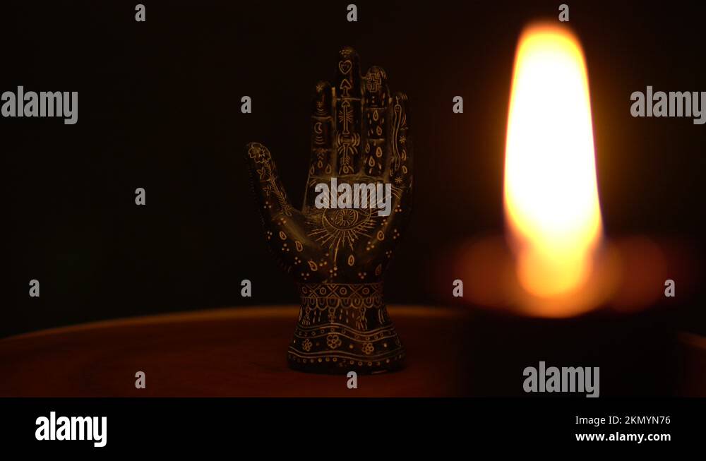 Mystical esoteric table with ritual object. Fortune teller palm with ...