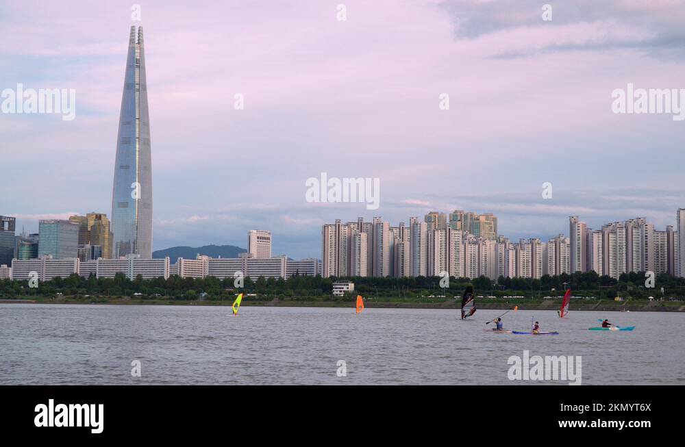 Seoul Lotte World Tower Landmark building from the bank of Han river at ...