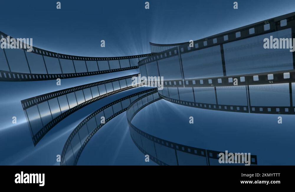 Celluloid film strip on blue background rotating around an imaginary ...