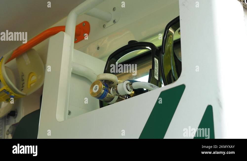 Paramedic oxygen tank in an emergency medical service vehicle ...