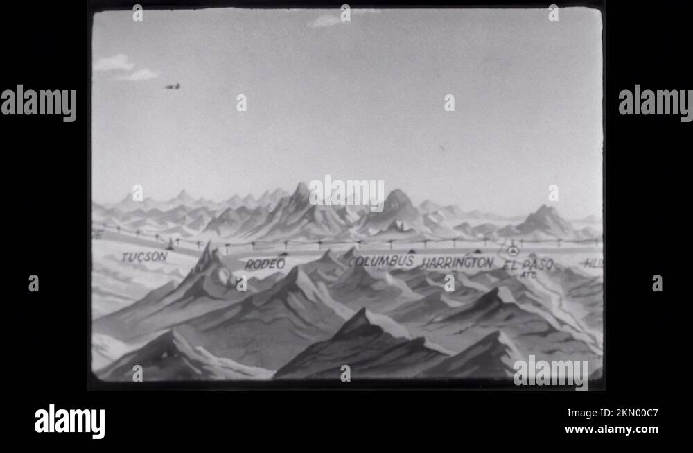 1950s: Animated illustration of airplane flight path. Intertitle Stock ...