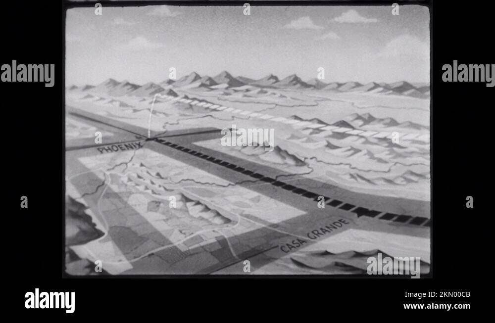1950s: Animated illustration of airplane flight path. Airplane in ...