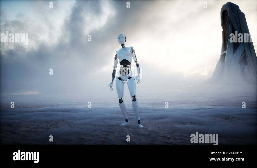 Female robot and futuristic city background. Future concept. Realistic ...