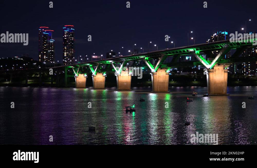 Cheongdam Bridge With Night Duck Boat Riding On Hangang River In Seoul ...