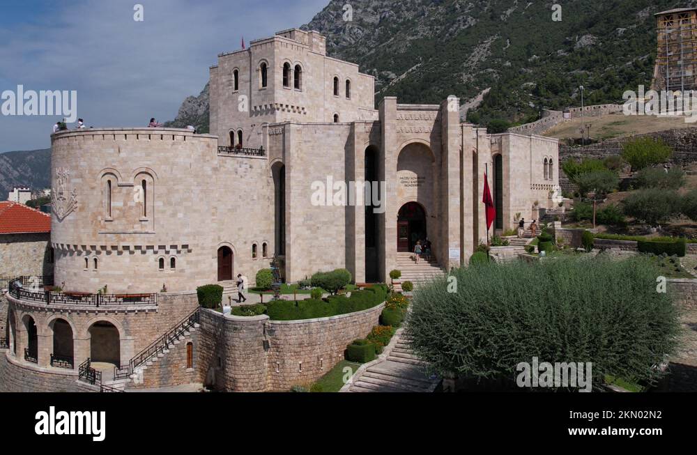Entrance of historic museum of Skanderbeg in Kruja castle, stone walls ...