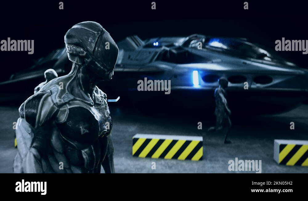 Military space futuristic soldiers walk in mitary space base. Realistic ...